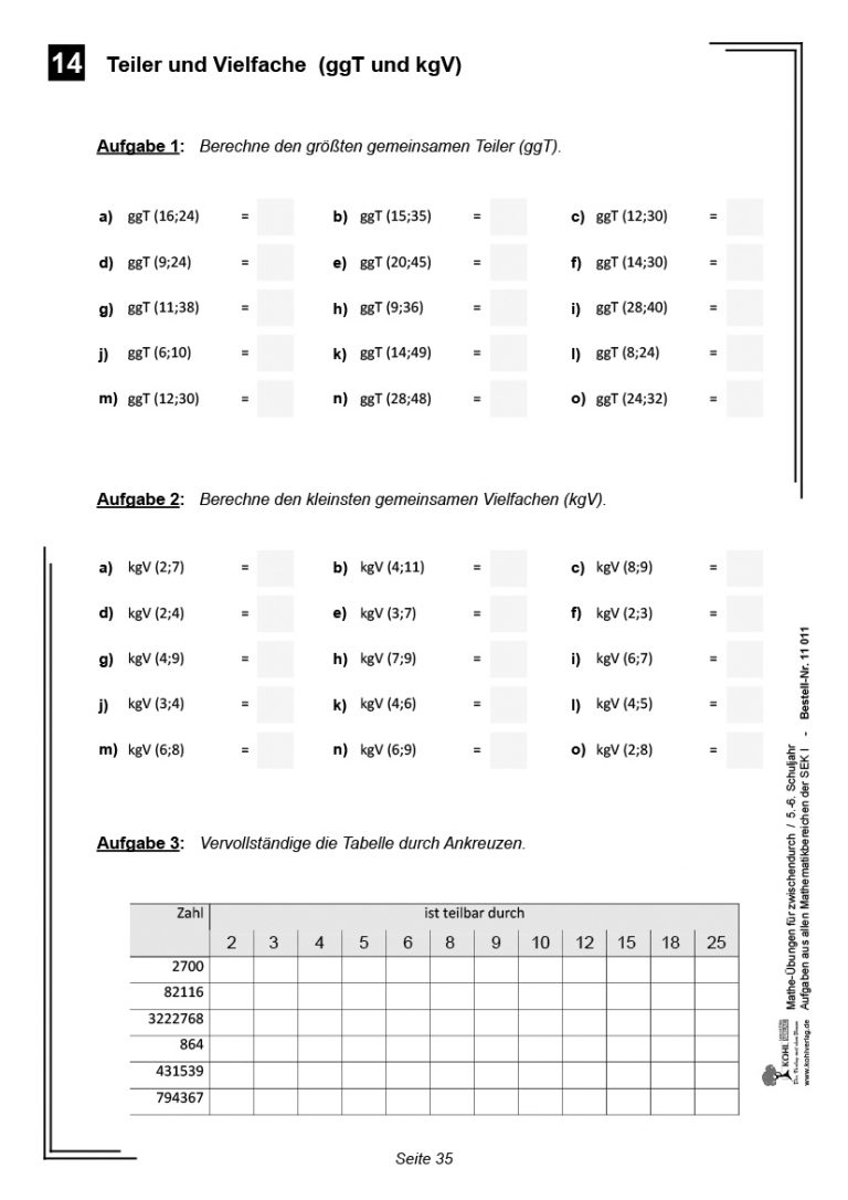 Mathe-Übungen Für Zwischendurch / Klasse 5-6 für Mathearbeit Gymnasium ...